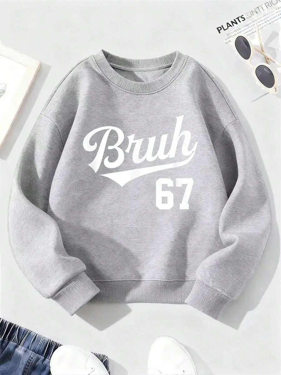 Grey 67 Number 67 Print Sweatshirt - Oversized Casual Round Neck ...