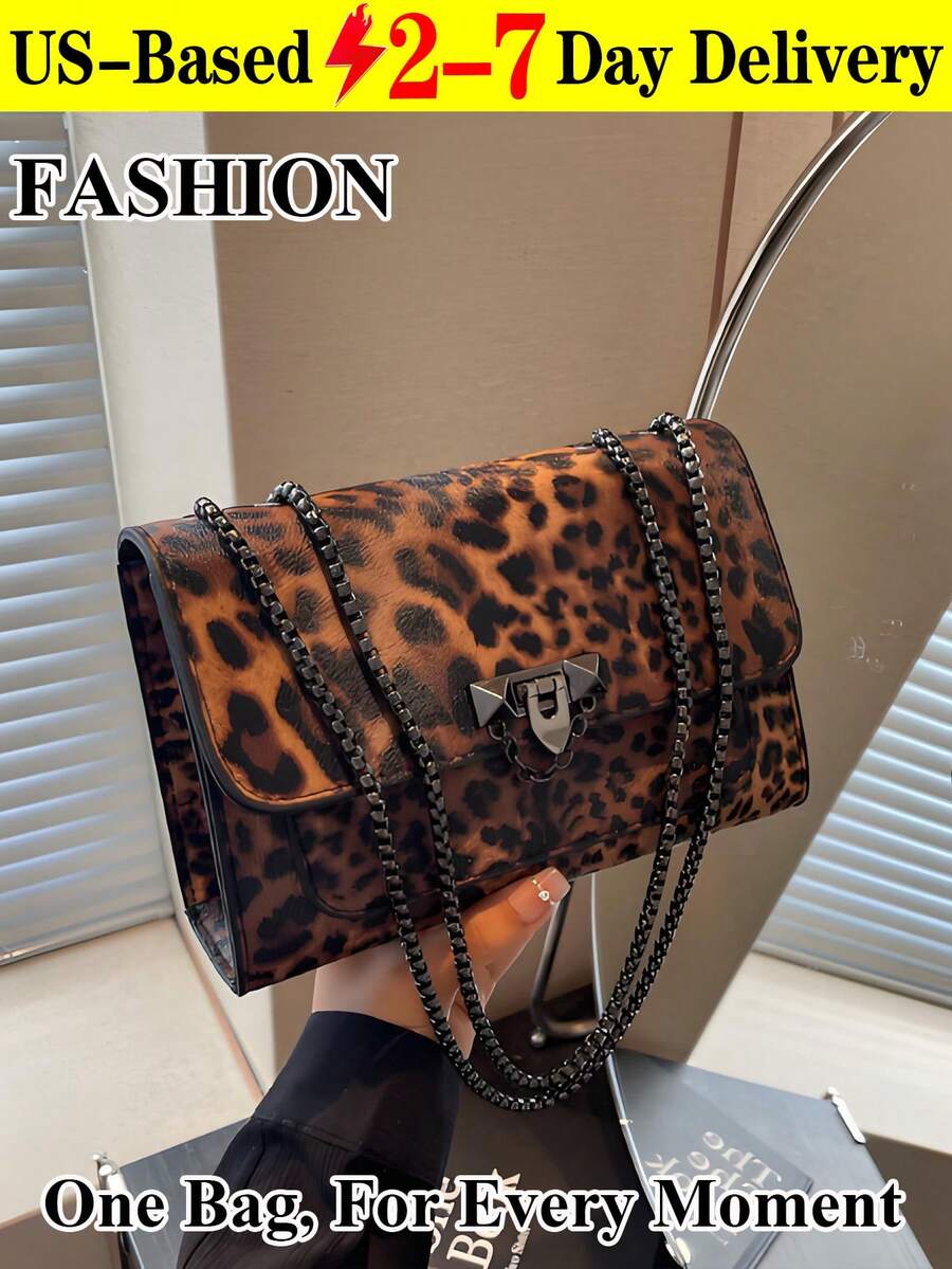 [US-Based Shipping]New Vintage Leopard Print PU Leather Flap Square Bag ...