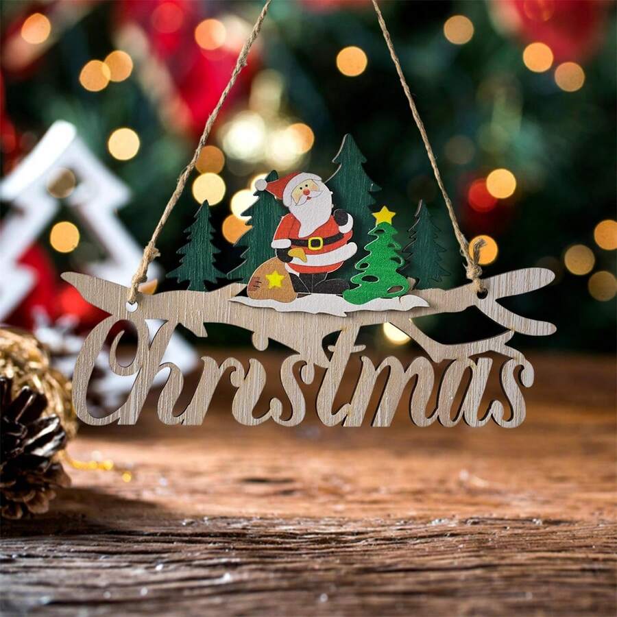 Merry Christmas Door Sign Cute Reindeer Santa Tree Wood Decorations ...