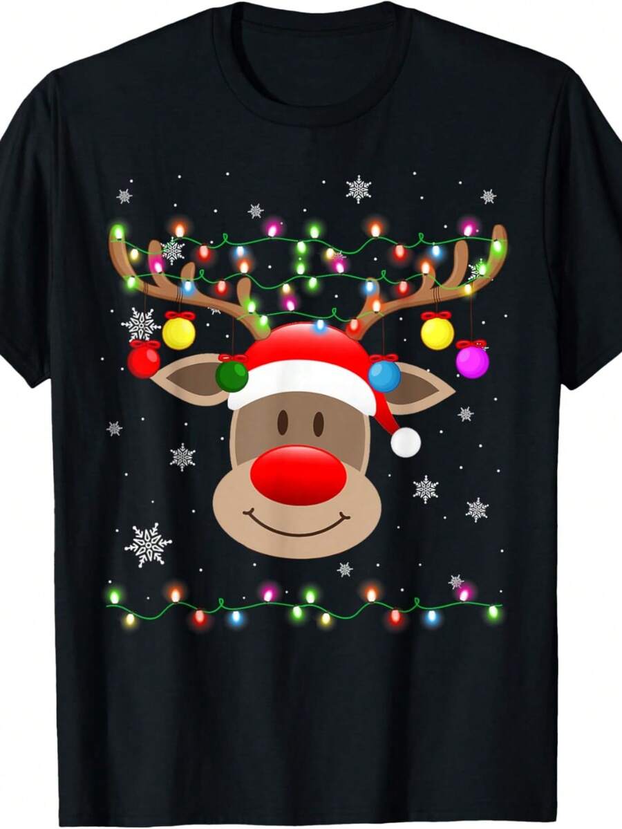 Red Nose Reindeer Snowflakes Chirstmas Lights T-Shirt | SHEIN USA