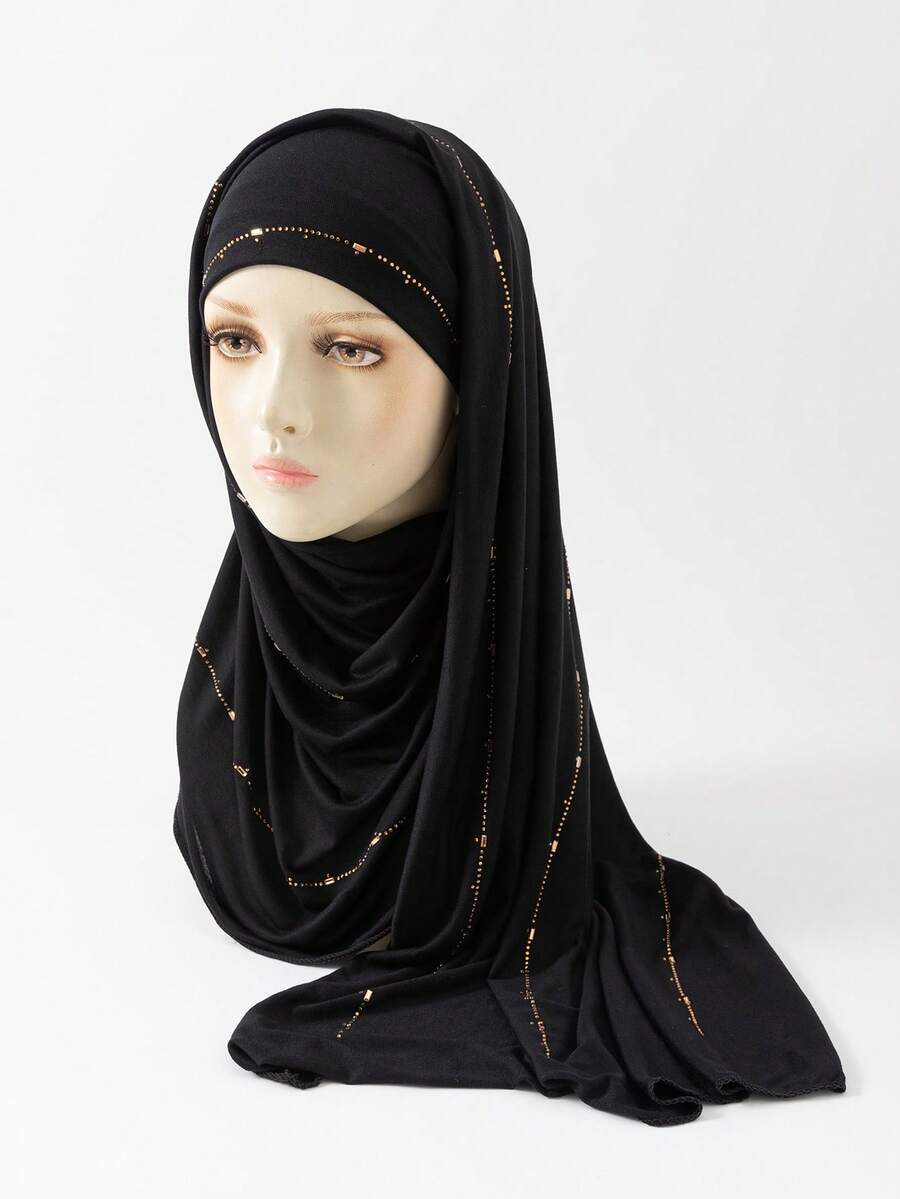 1pc Women's Solid Color Elastic Striped Rhinestone Fashionable Hijab ...