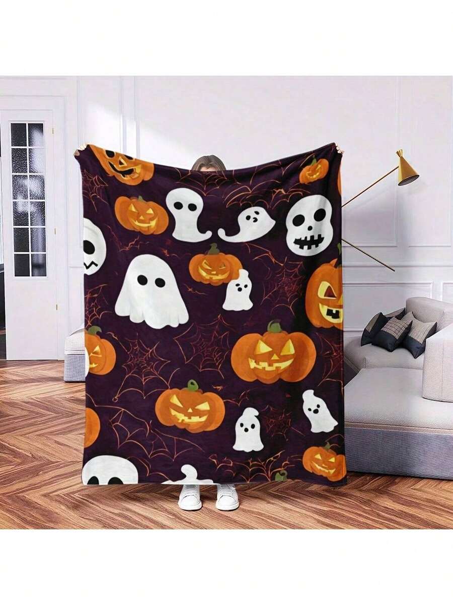 1pc Haven Halloween Blanket - Spooky Pumpkin Ghosts & Skeletons Print ...