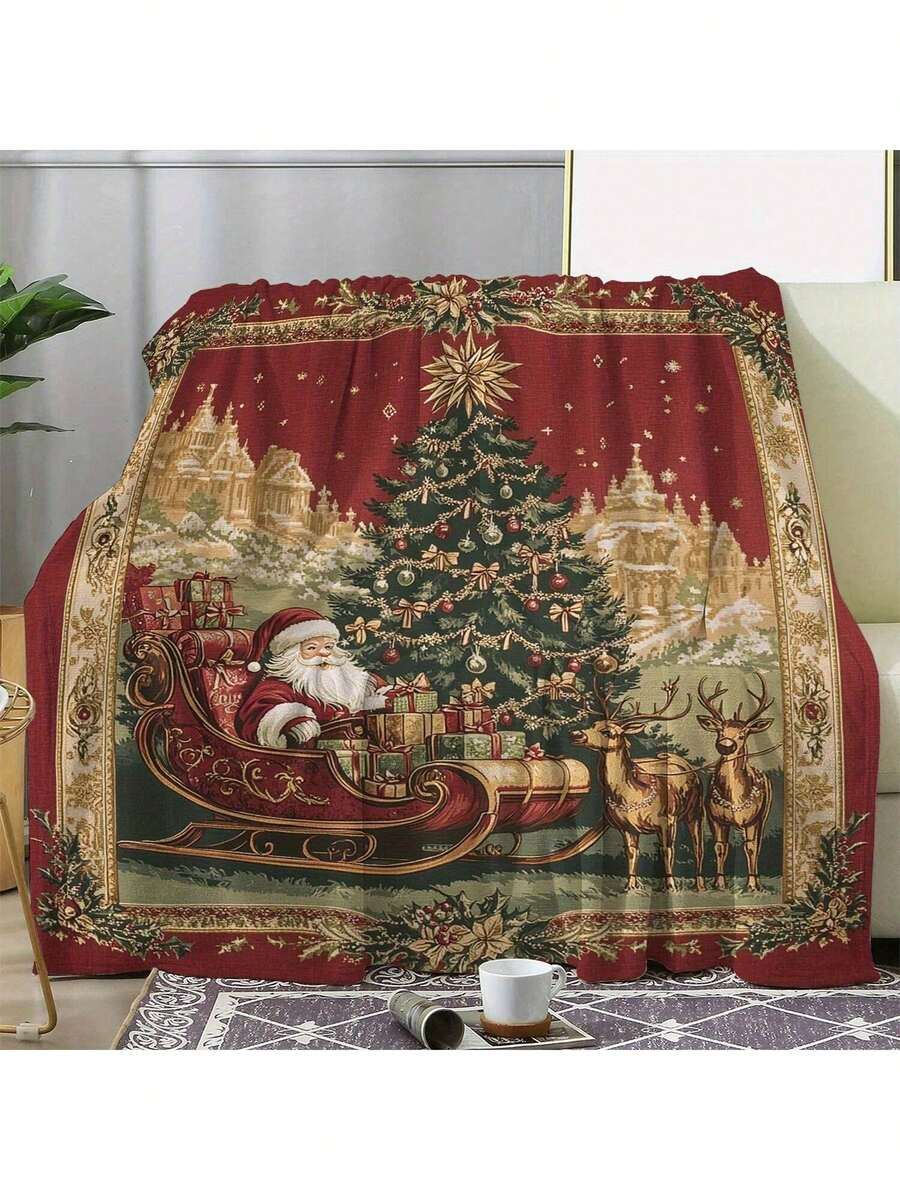 Vintage Christmas Blanket - Soft Flannel Plush Throw With Santa Claus ...