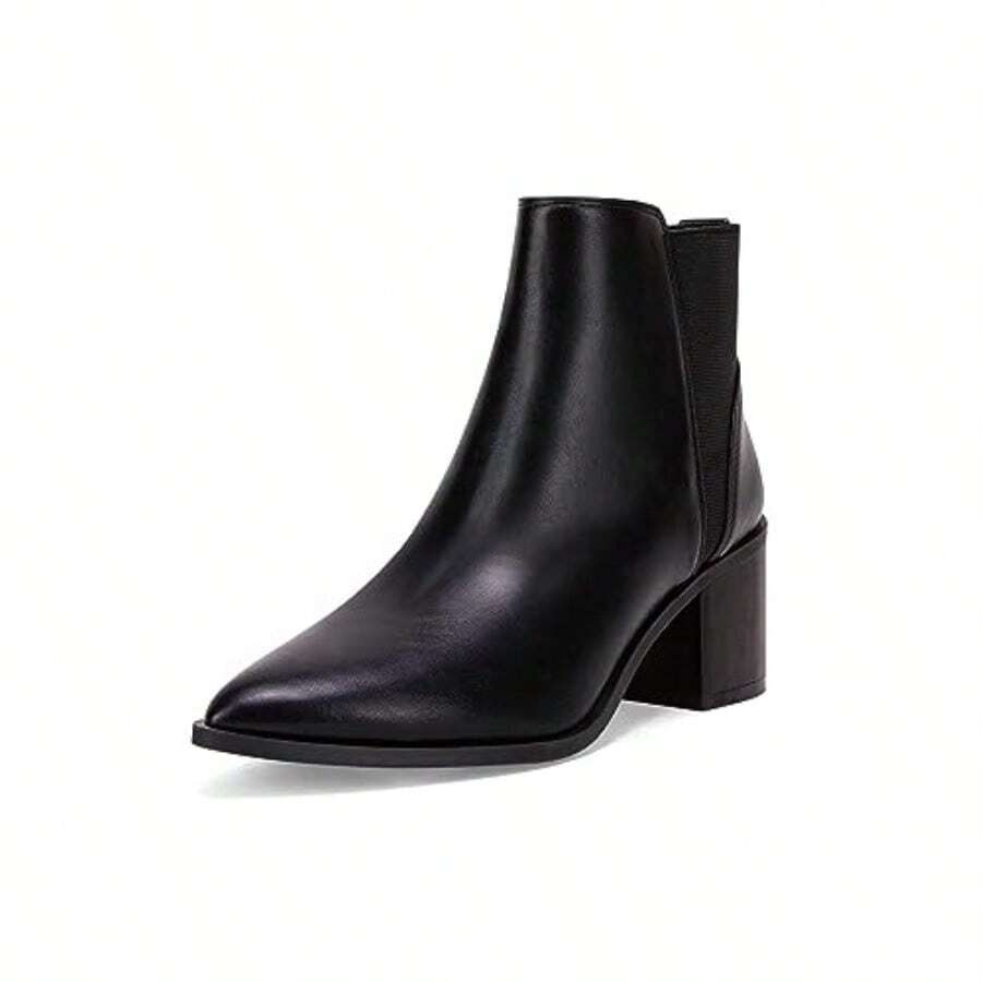 Coutgo Womens Pointed Toe Ankle Boots Elastic Chunky Block Stacked Mid ...