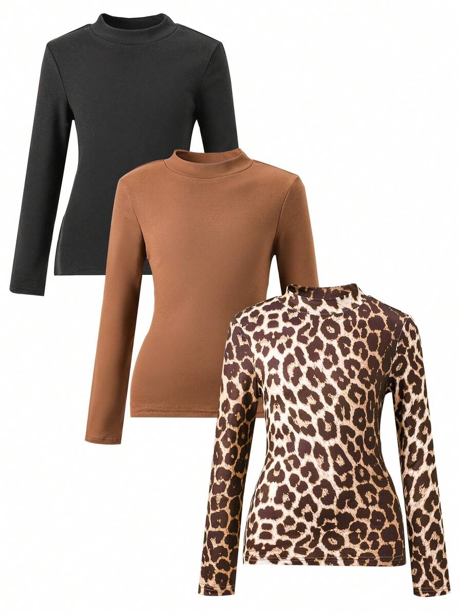 3pcs Black & Khaki Leopard Print Girls Slim Fit Long Sleeve Base Layer ...