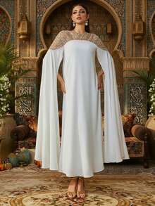 Women Luxury Middle Eastern Style Elegant White Sequin Cape Sleeve Maxi ...