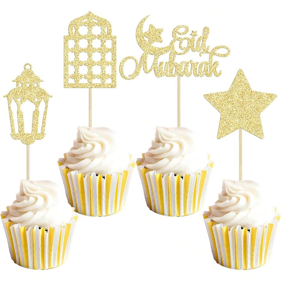 12 Pcs Happy Eid Mubarak Cupcake Toppers Glitter Star Ramadan Kareem ...
