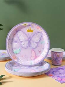 100/25/10pcs Purple Butterfly Crown Disposable Plates, Napkins And Cups ...
