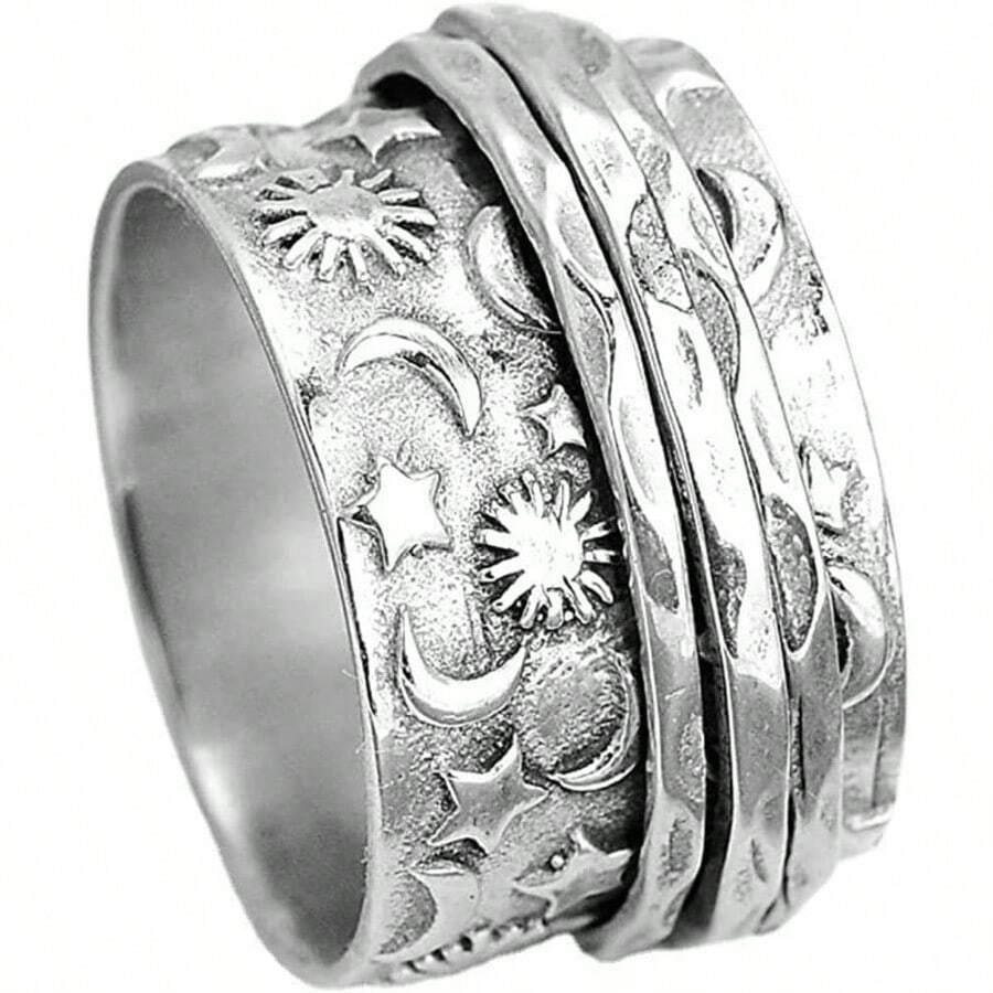 Stainless Steel Hammered Sun Moon Star Rotating Spinner Statement Band ...