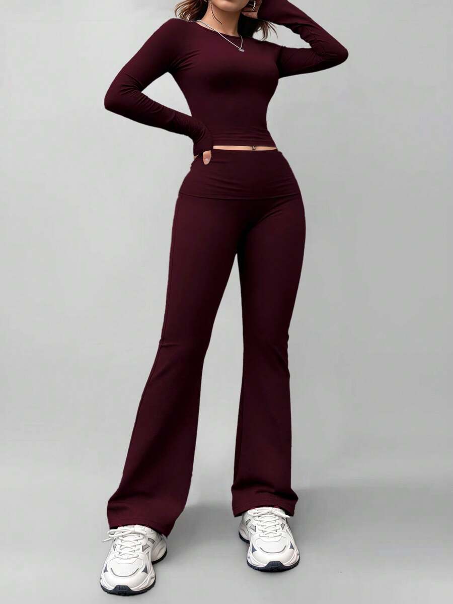 Women's Round Neck Long Sleeve T-Shirt And Pants Casual Matching Set ...