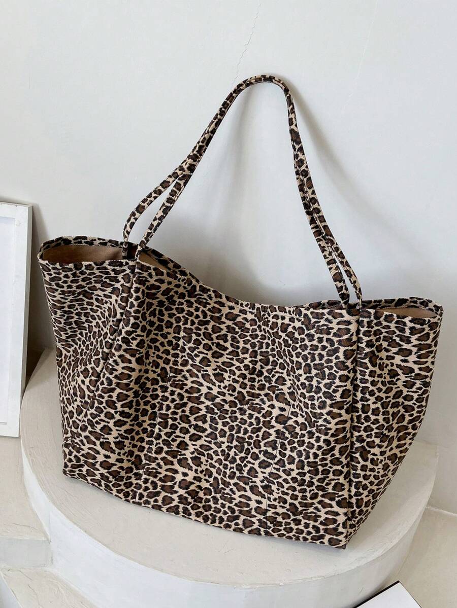 1pc Leopard Print Tote Bag, Fashionable & Spacious Canvas Material ...
