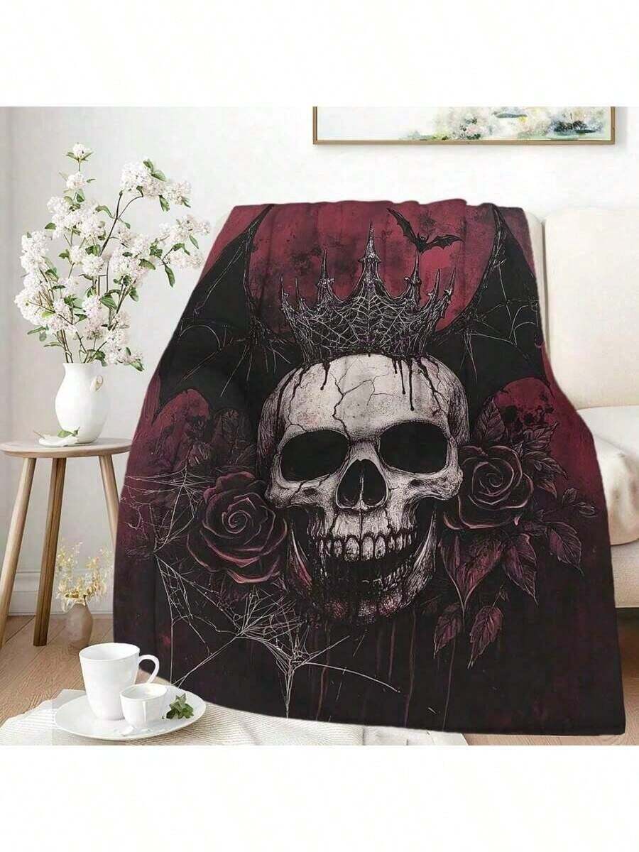 80x60 cm Gothic Totenkopf Decke mit roter Rose und Fledermaus Flügel ...
