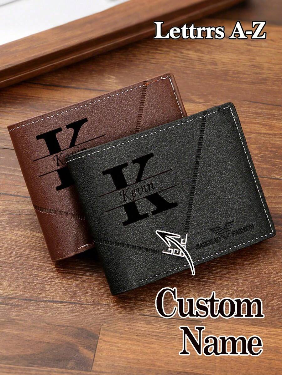 1pc Customized Men's Short Wallet In Solid Color With Letter Print ...