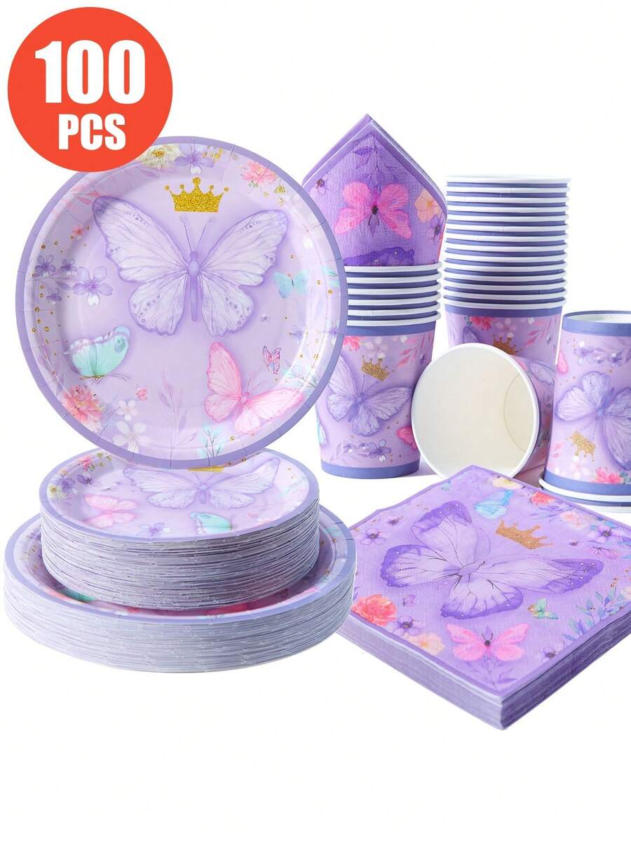 100/25/10pcs Purple Butterfly Crown Disposable Plates, Napkins And Cups ...