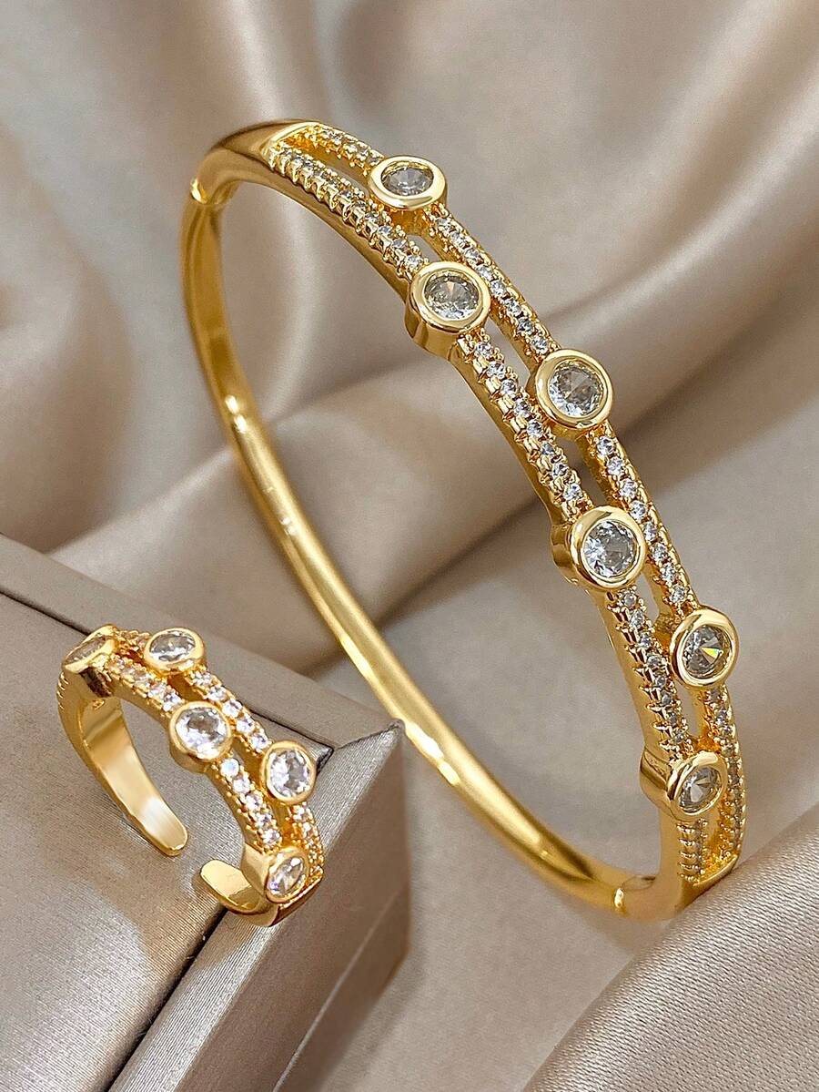 2Pcs/1Pc Luxury Elegant 18K Gold Plated Diamond-Cut Sparkling Zirconia ...