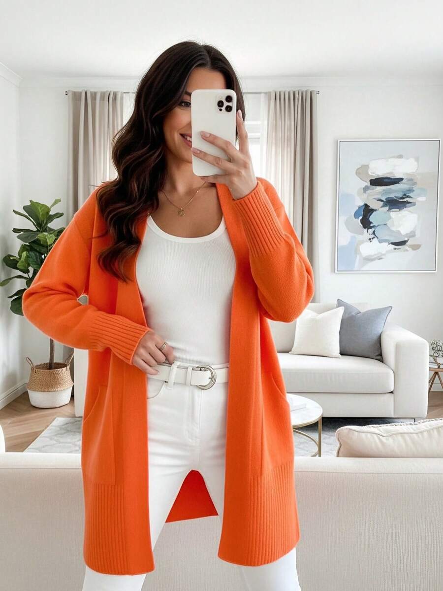 Suéter holgado de color liso de largo medio para mujer, de moda casual ...