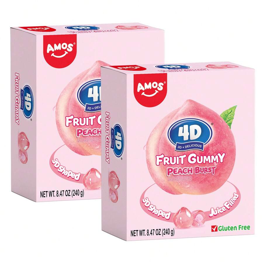 AMOS 4D Gummy Peach Burst Candy Juice Filled Peach Shaped Fruit Gummies ...
