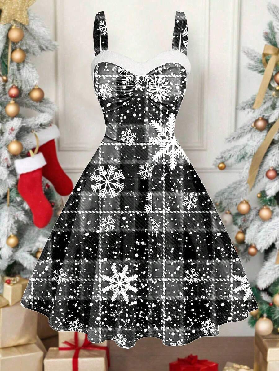 1pc Women's Christmas Snowflake Plaid Patchwork Print Dress,Christmas ...