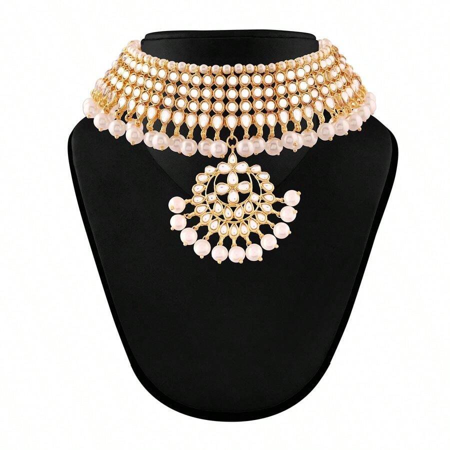 Jewels Bollywood Gold Plated Kundan & Pearl Choker Necklace Jewelry Set ...