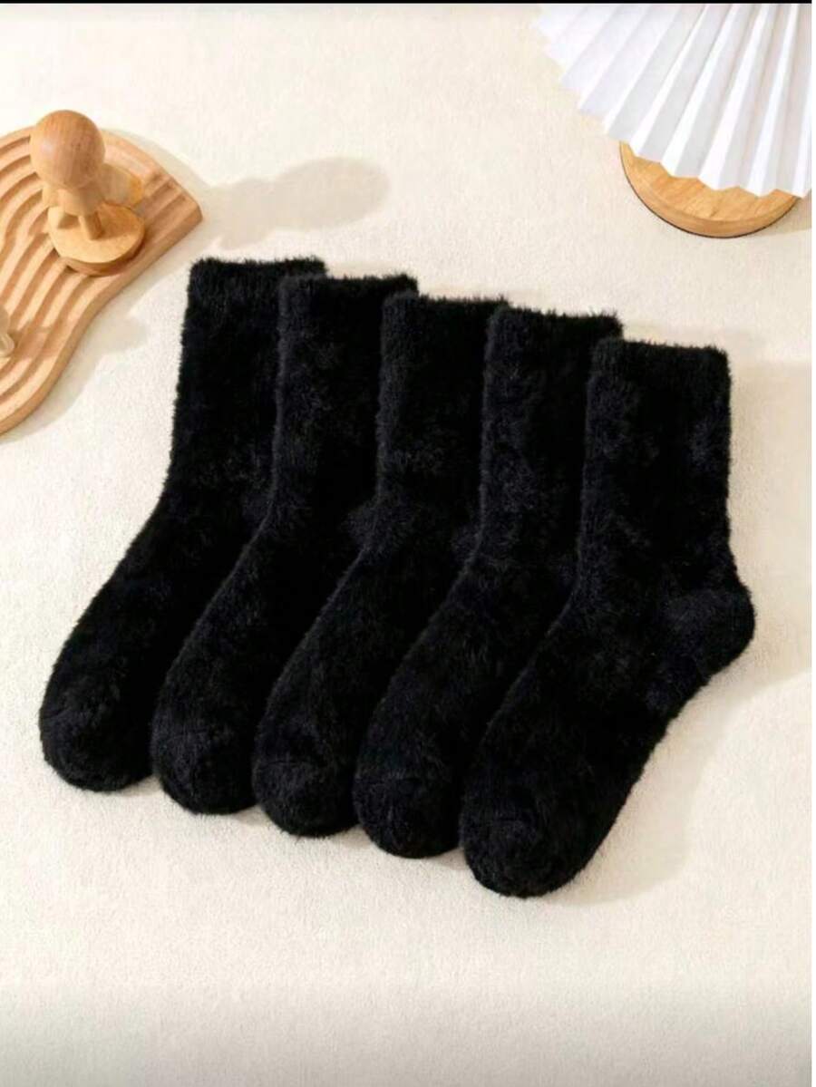 5 Pairs Solid Color Faux Fur Warm Cozy Mid-Calf Socks For Women, Autumn ...