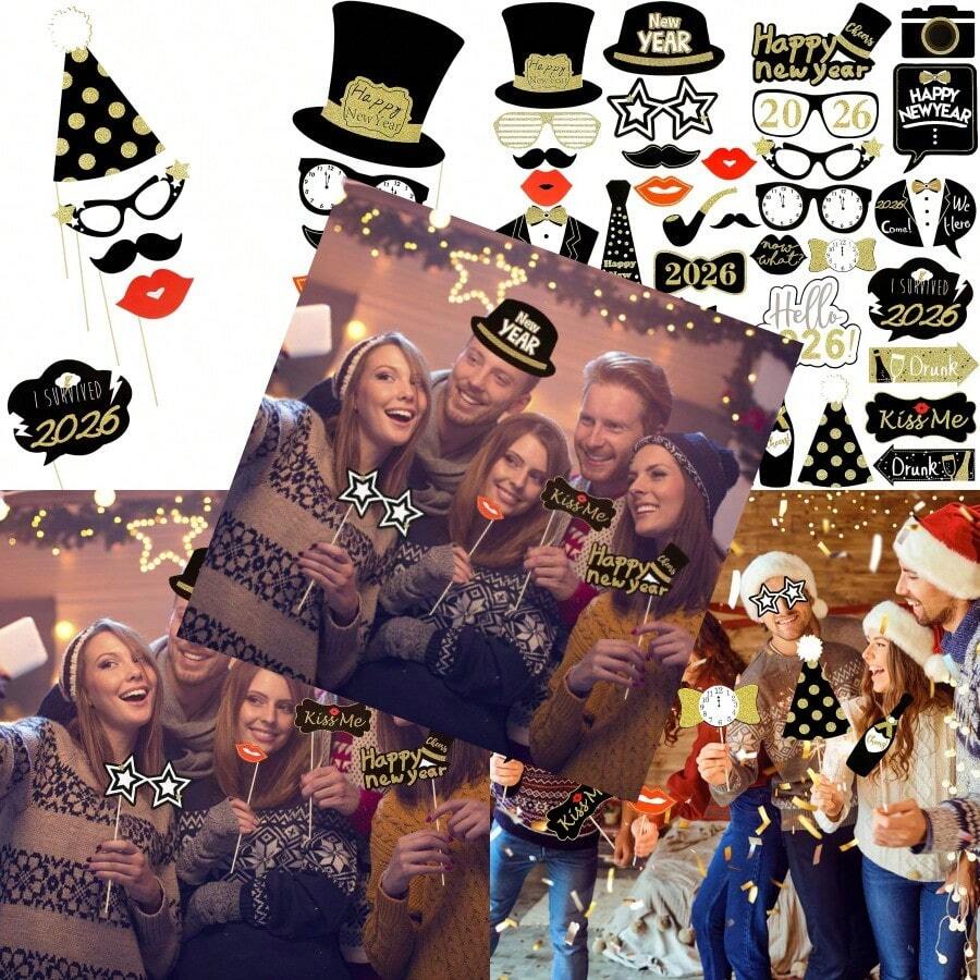 36Pcs New Years Eve Photo Booth Props 2026 New Year Photo Booth Props ...
