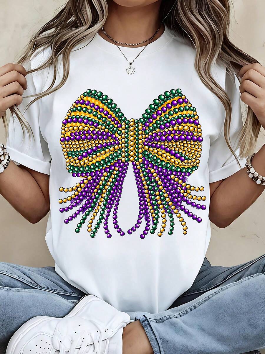 Mardi Gras Beaded Bow T Shirt Women Festive Purple Gold Green Party Top ...