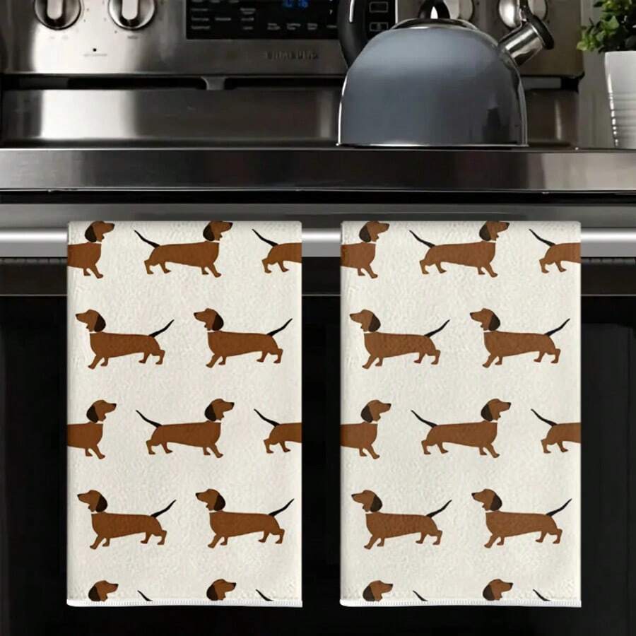 2 Stücke beige Dackel Design Küchentuch Set, super saugfähig und weich ...