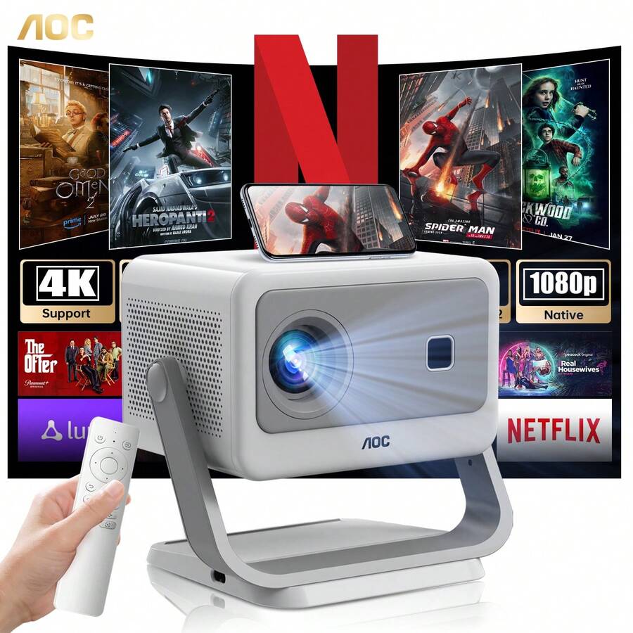 AOC Full HD 1080p Projector With 12,000 Lumens, 4K Support, 300-Inch ...