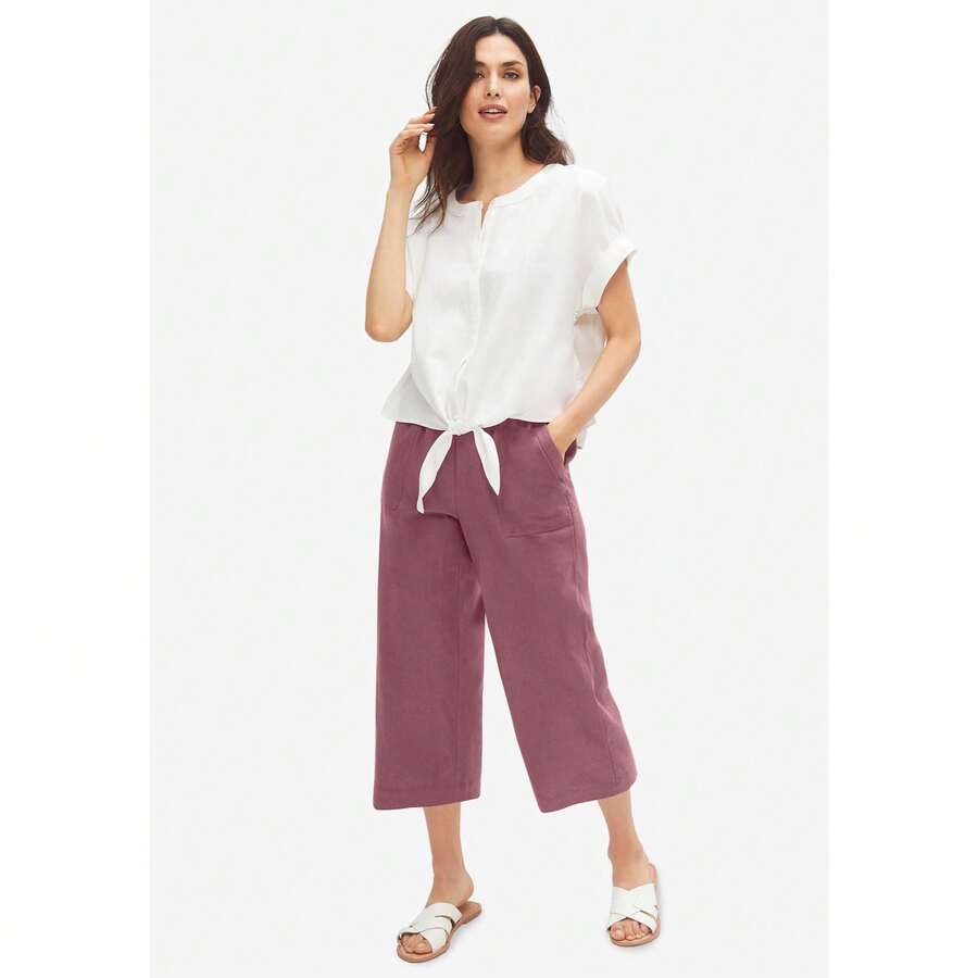 Ellos Plus Size Linen-Blend Drawstring Capris | SHEIN USA
