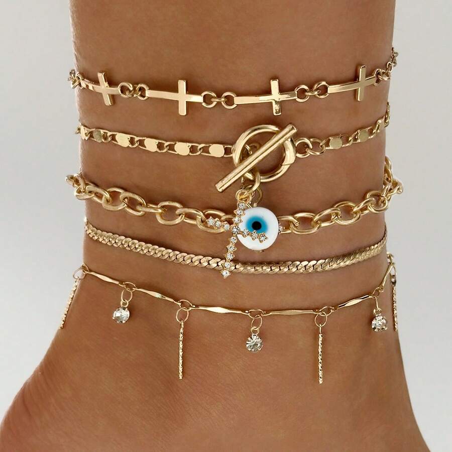 5pcs Cross Diamond-Encrusted Chain Ankle Pendant Eye Pendant Multi ...