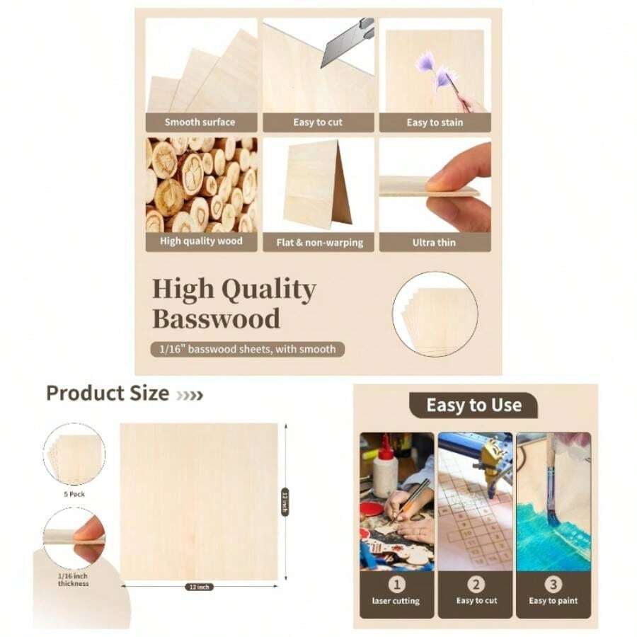 Balsa Wood Sheet, 5 Pack Plywood Sheets, Basswood Sheets 12X12X1/16 ...