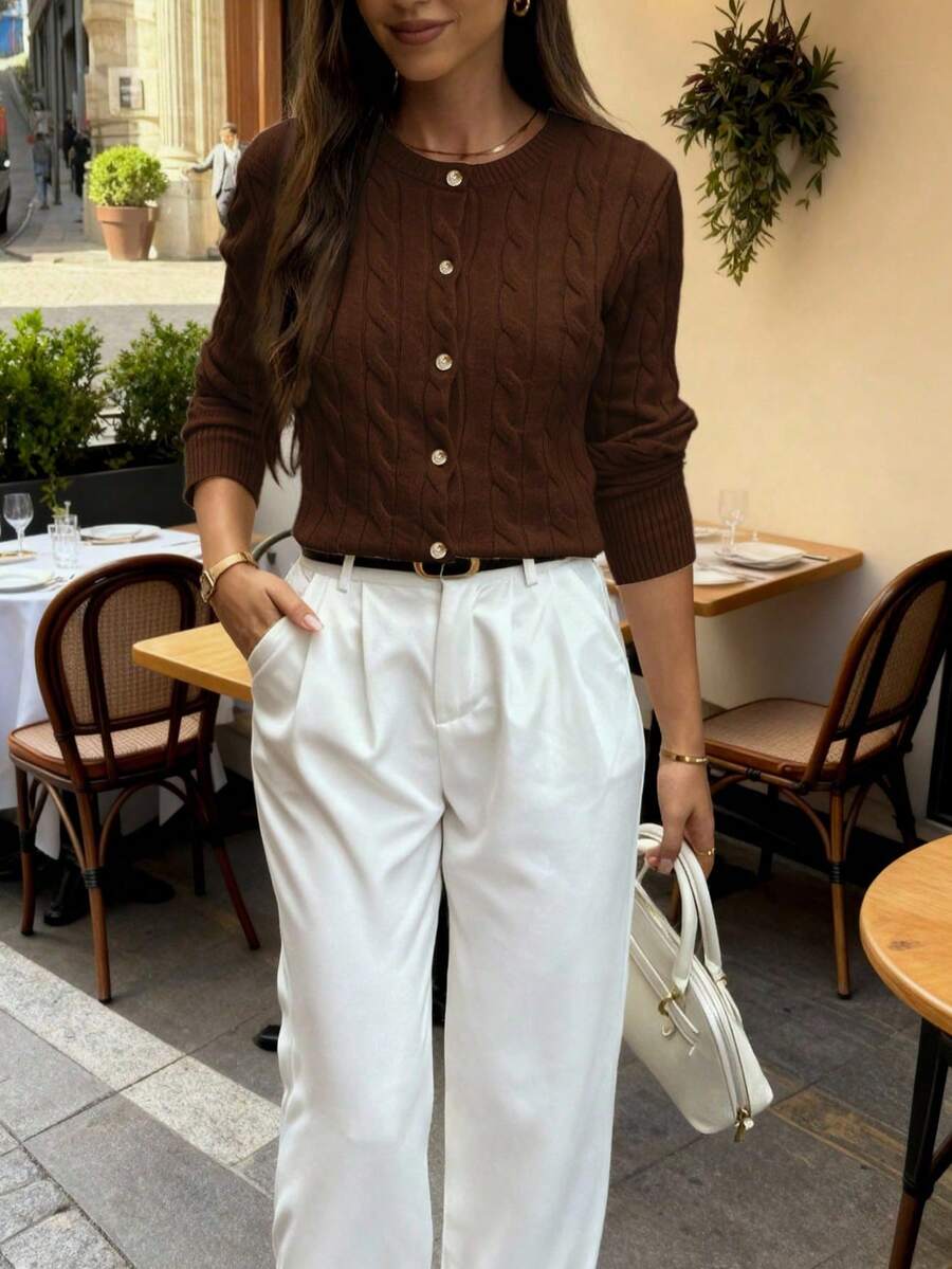 Neue Herbst/Winter Strickjacke mit rundem Kragen, Twist-Rippstrick ...