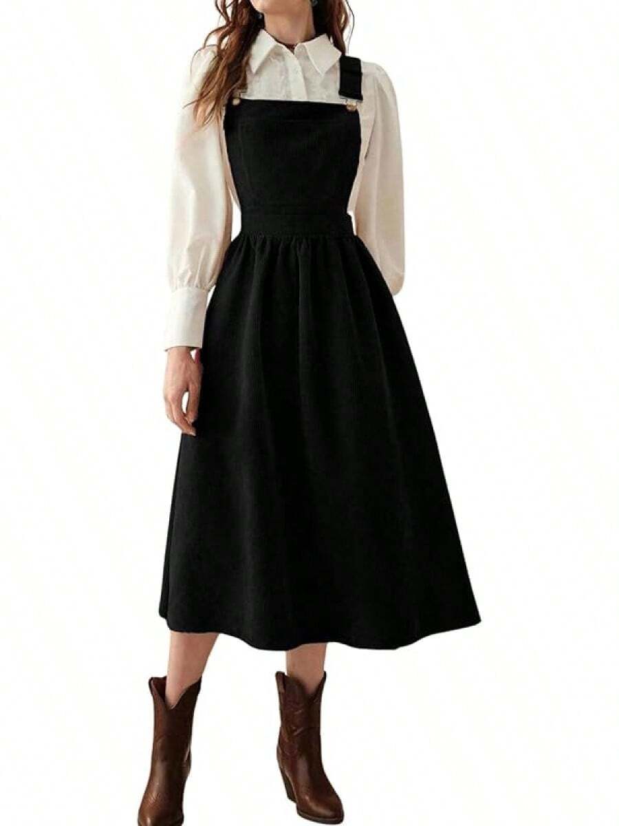Women's Fall Corduroy Overall Dress Adjustable Strap A Line Flare ...