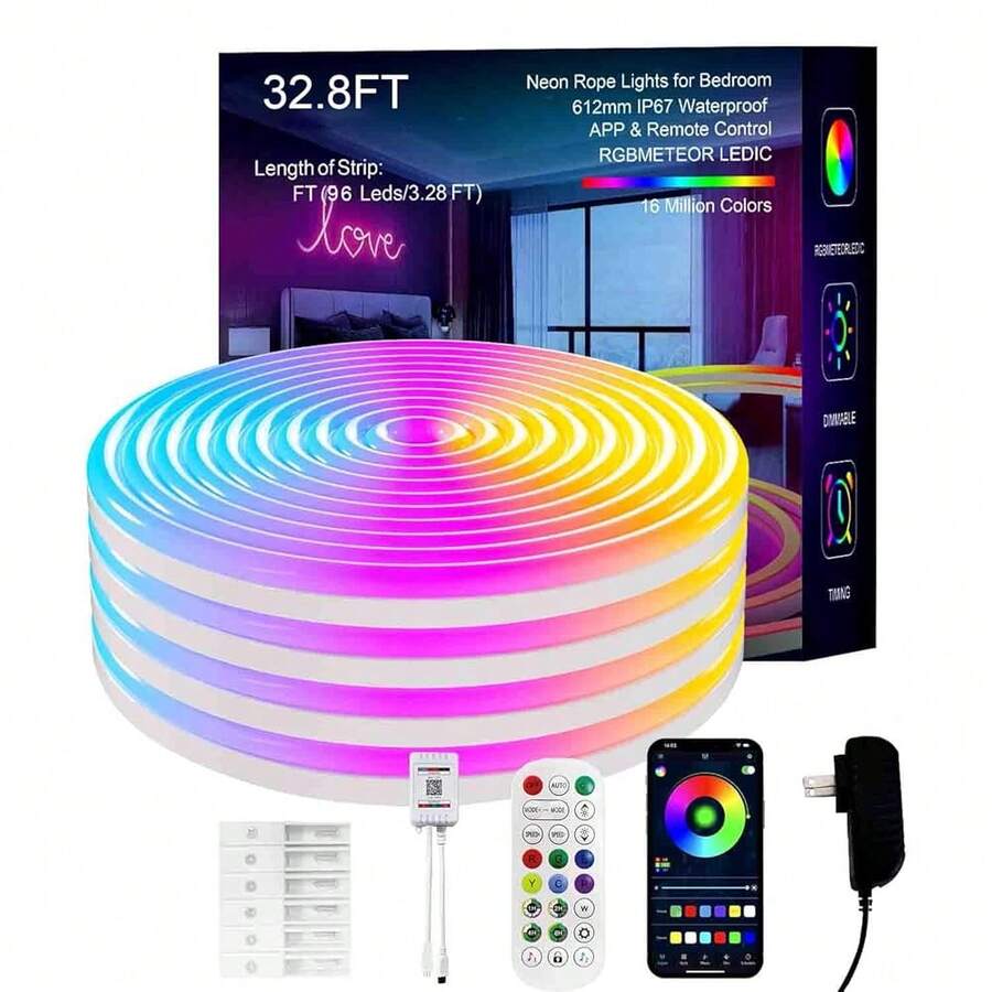 Neon Rope Light,IC+RGB 32.8FT LED Strip Light,Outdoor IP67 Waterproof,Music Sync,DIY Design ...