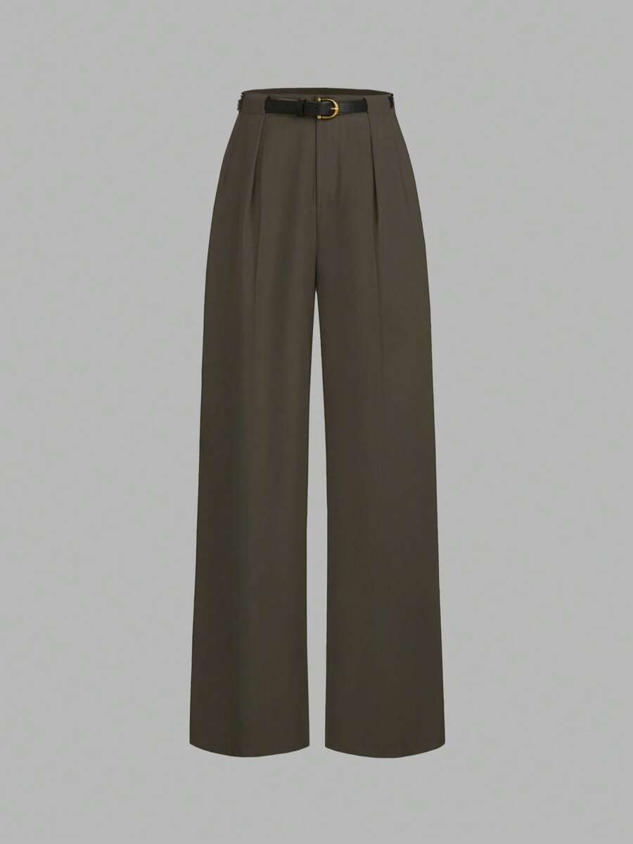Mid-Rise Solid Color Elegant Straight-Leg Pants With Belt | SHEIN USA