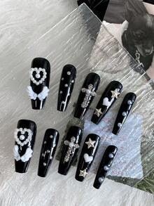 10-Piece Pressing Long Nails, Four-Season Manicure, Fake Nails, Black ...