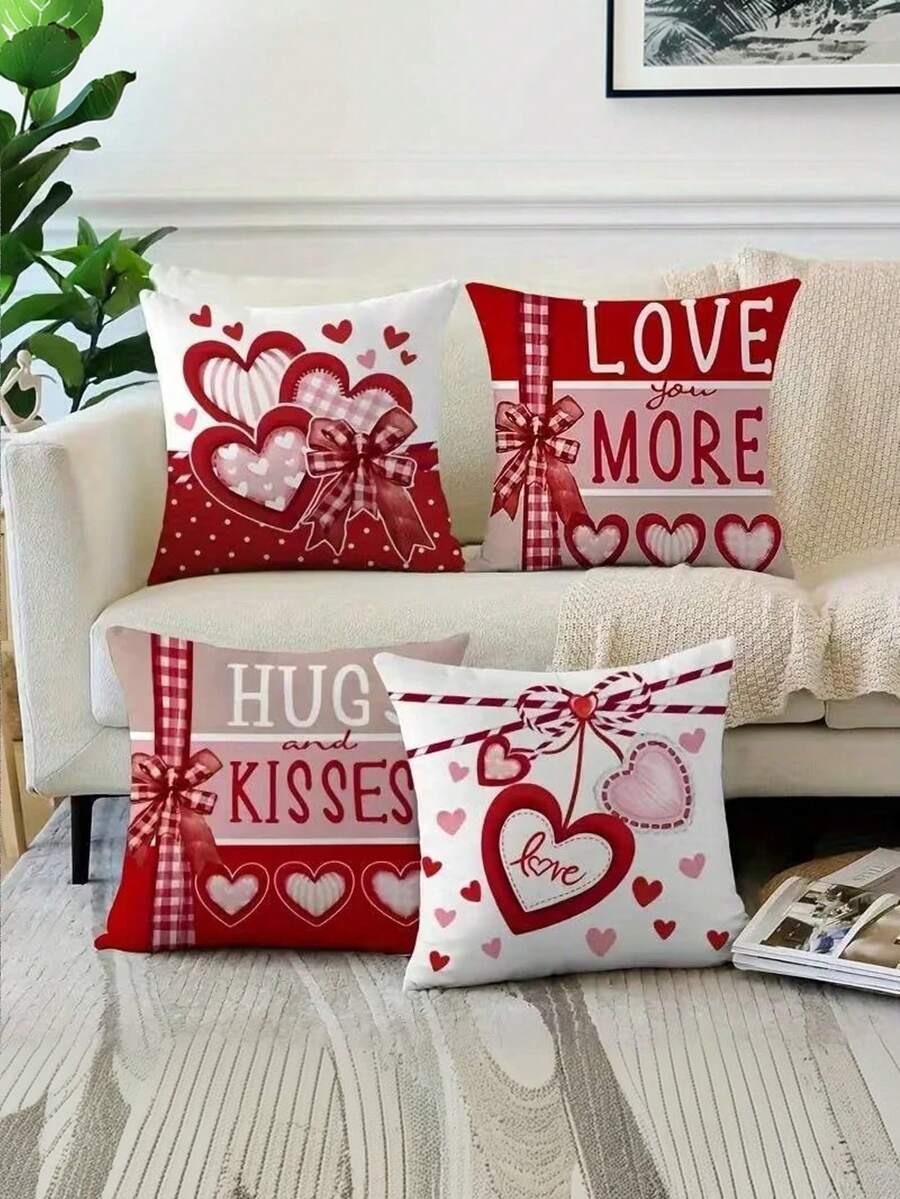 4pcs Valentine's Day Pillow Covers - Soft Red Heart Decor Pillow Covers ...