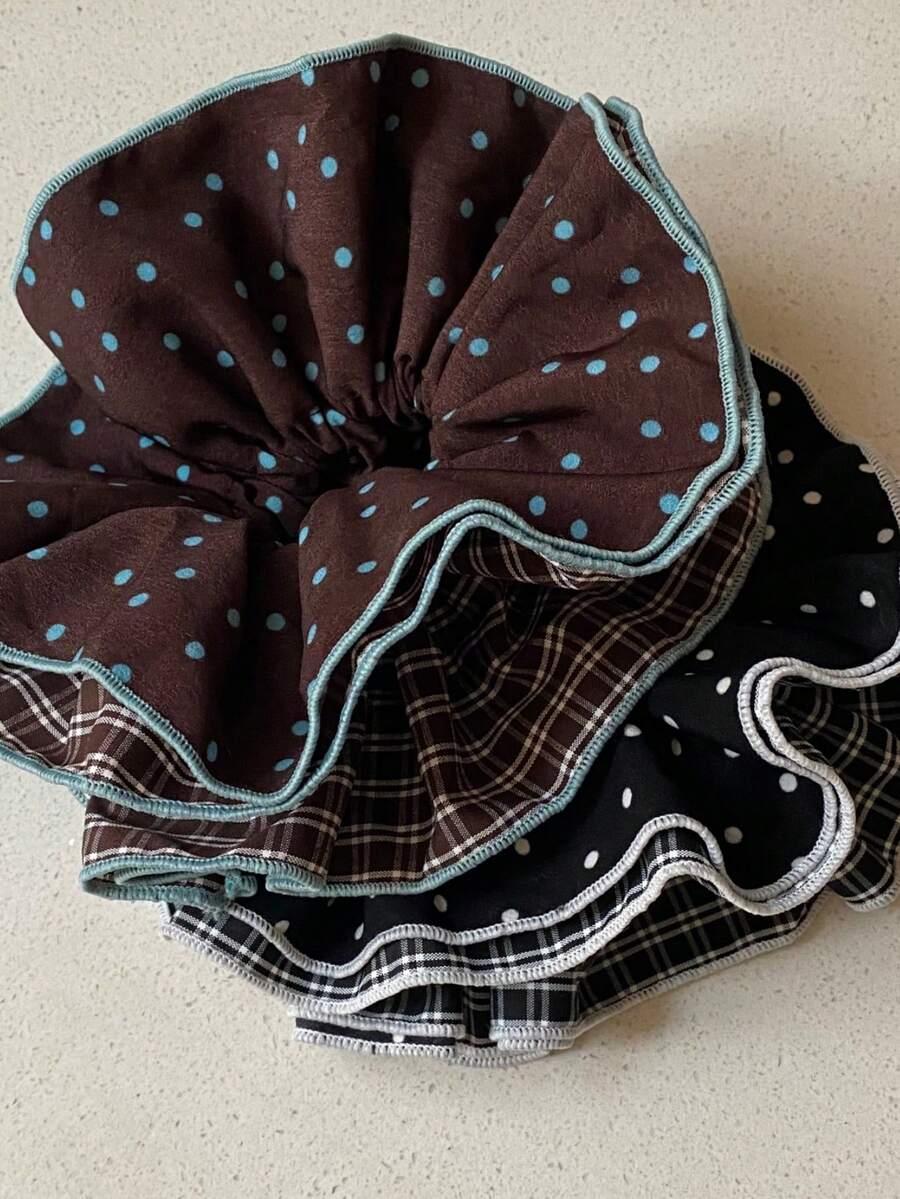 1pc Mint & Dark Chocolate Polka Dot Plaid Scrunchie, Niche Design, Ins ...
