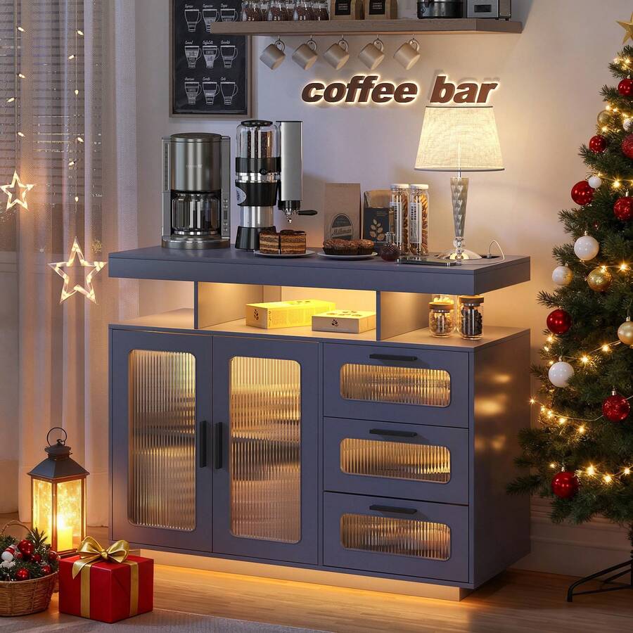 Coffee Bar Cabinet With Storage, Buffet Sideboard With RGB Light ...