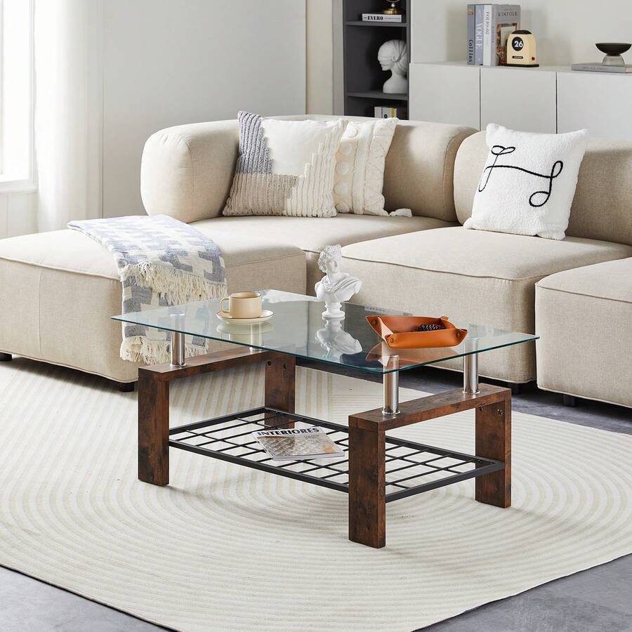 CLIPOP Modern Rectangle Coffee Table With Metal Frame Tempered Glass ...