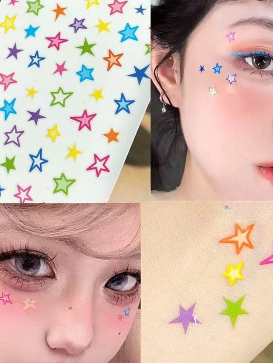 1 Stück bunte Stern Gesichts-Aufkleber, rot & blau Stern & Herz ...