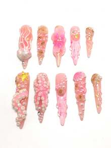 10-Piece Handmade Press-On Nails (Ocean Sweet Style) Design Details ...