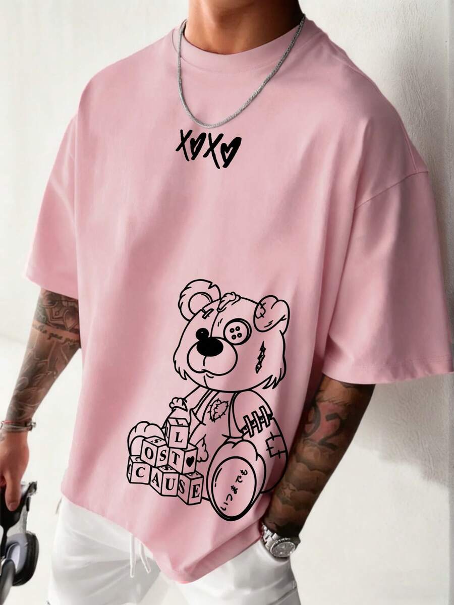 Men's Casual Versatile Simple Bear Print Line Art Animals Short Sleeve ...