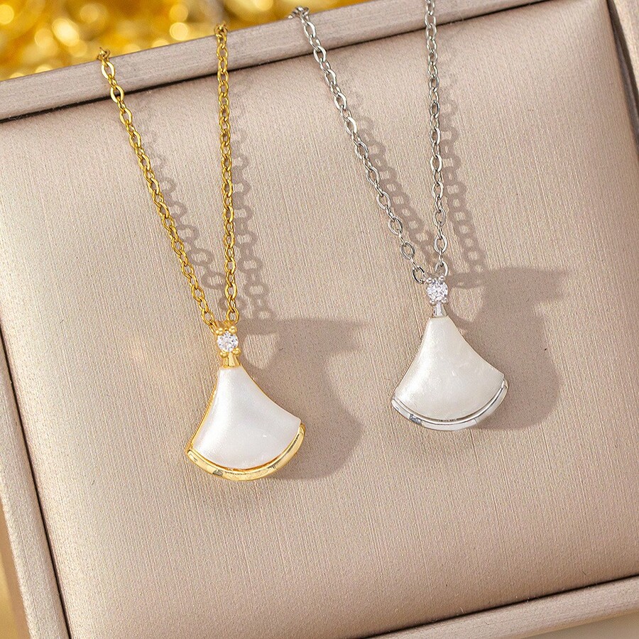 Elegant Cat's Eye Stone Design Fan-Shaped Skirt Titanium Steel Necklace ...