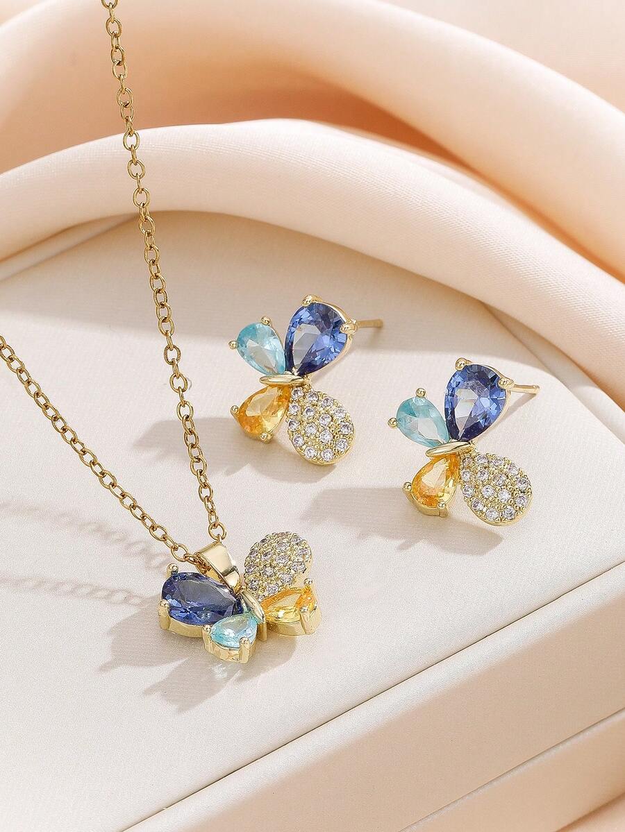 1 Set Stainless Steel Cubic Zirconia Butterfly Pendant Necklace And ...