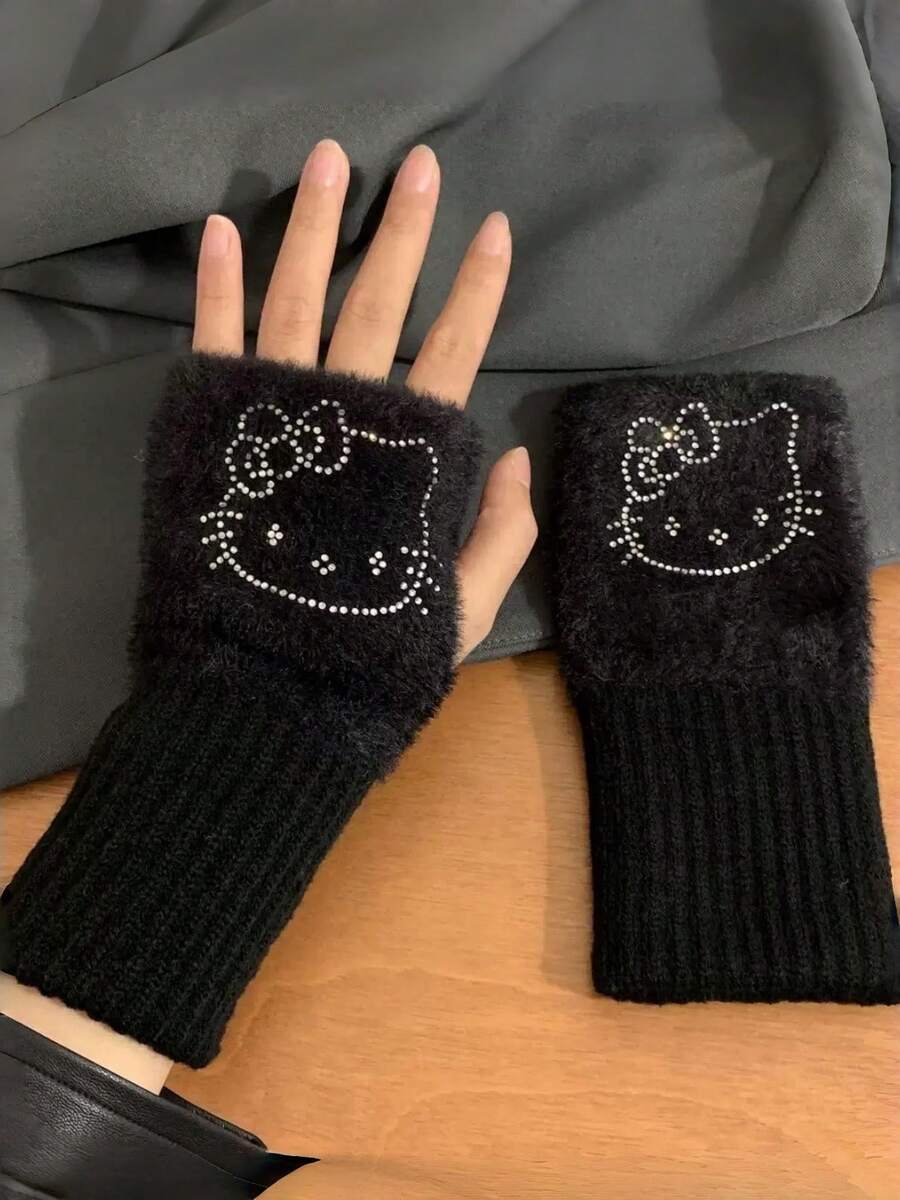 Sanrio 1 Pair Cartoon Cute Cat Warm Faux Rabbit Fur Fingerless Gloves ...