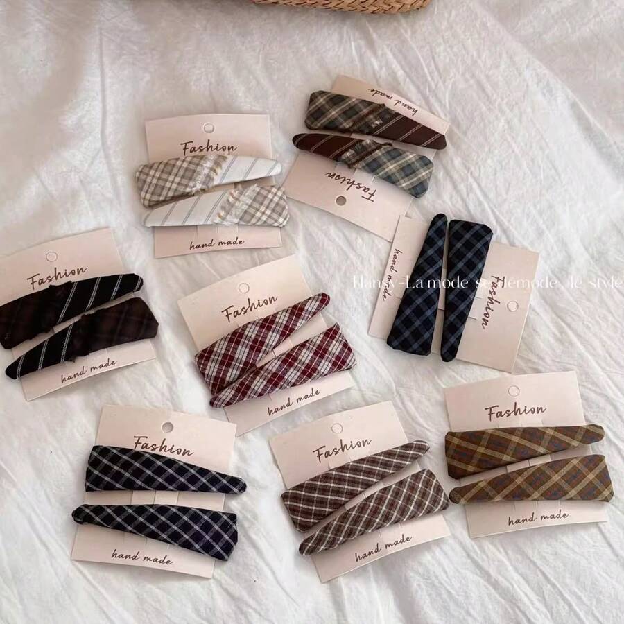 A Pair Sweet Plaid Fabric Hair Clips, Minimalist Triangle Side BB Clips ...