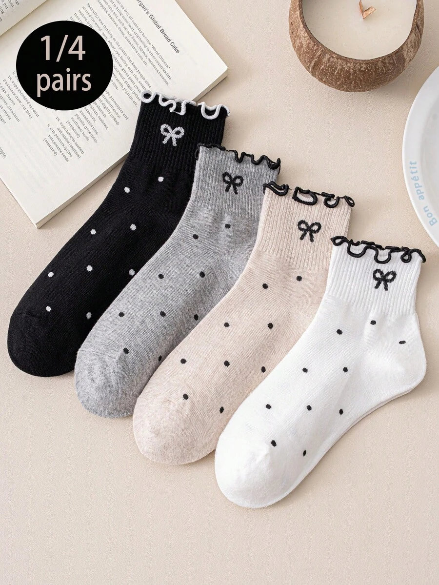 1/4 Pairs Women Socks, Solid Color Polka Dot Bow Ruffle Edge Socks ...