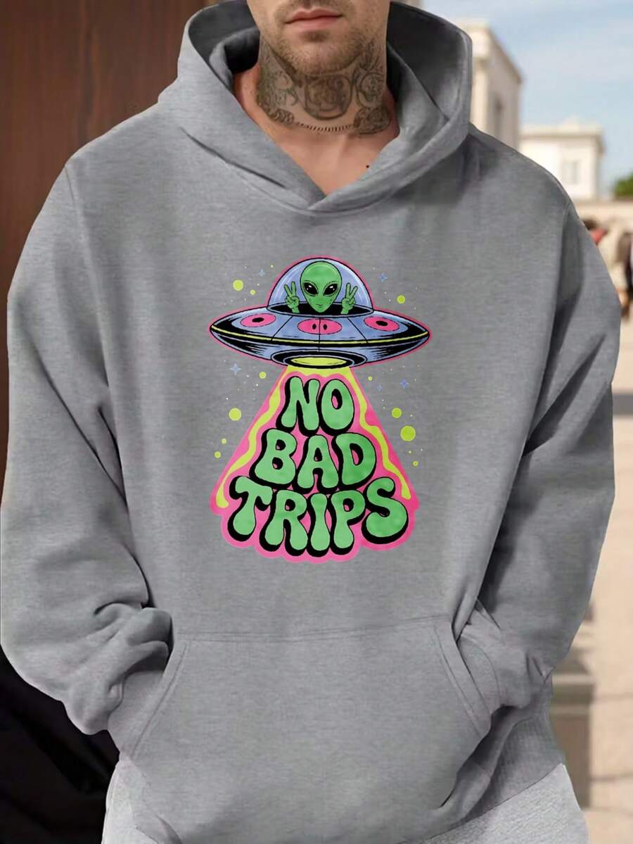 Sudadera con capucha gris con diseño de OVNI y alienigena texto NO BAD ...