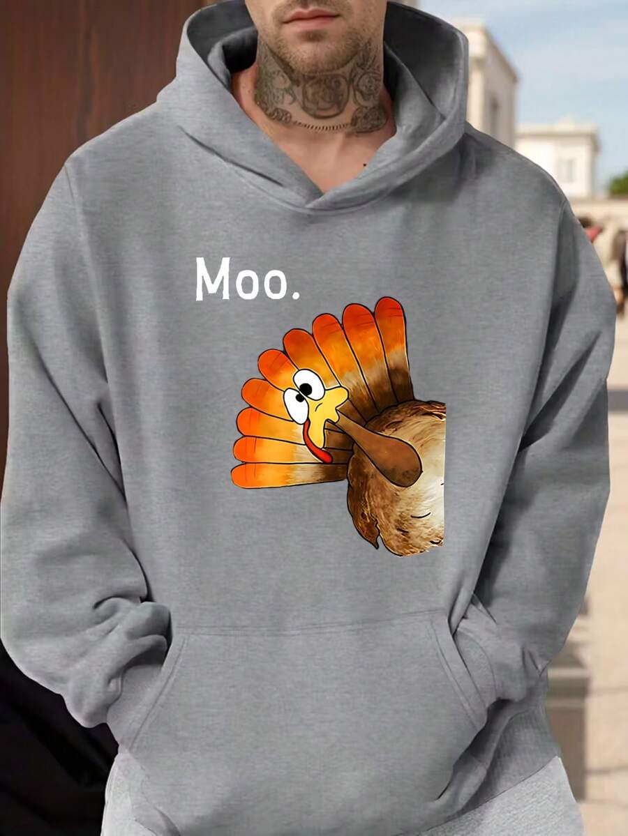 Grey Hoodie With Turkey Print And Moo Text For Casual Wear | aktuelle ...